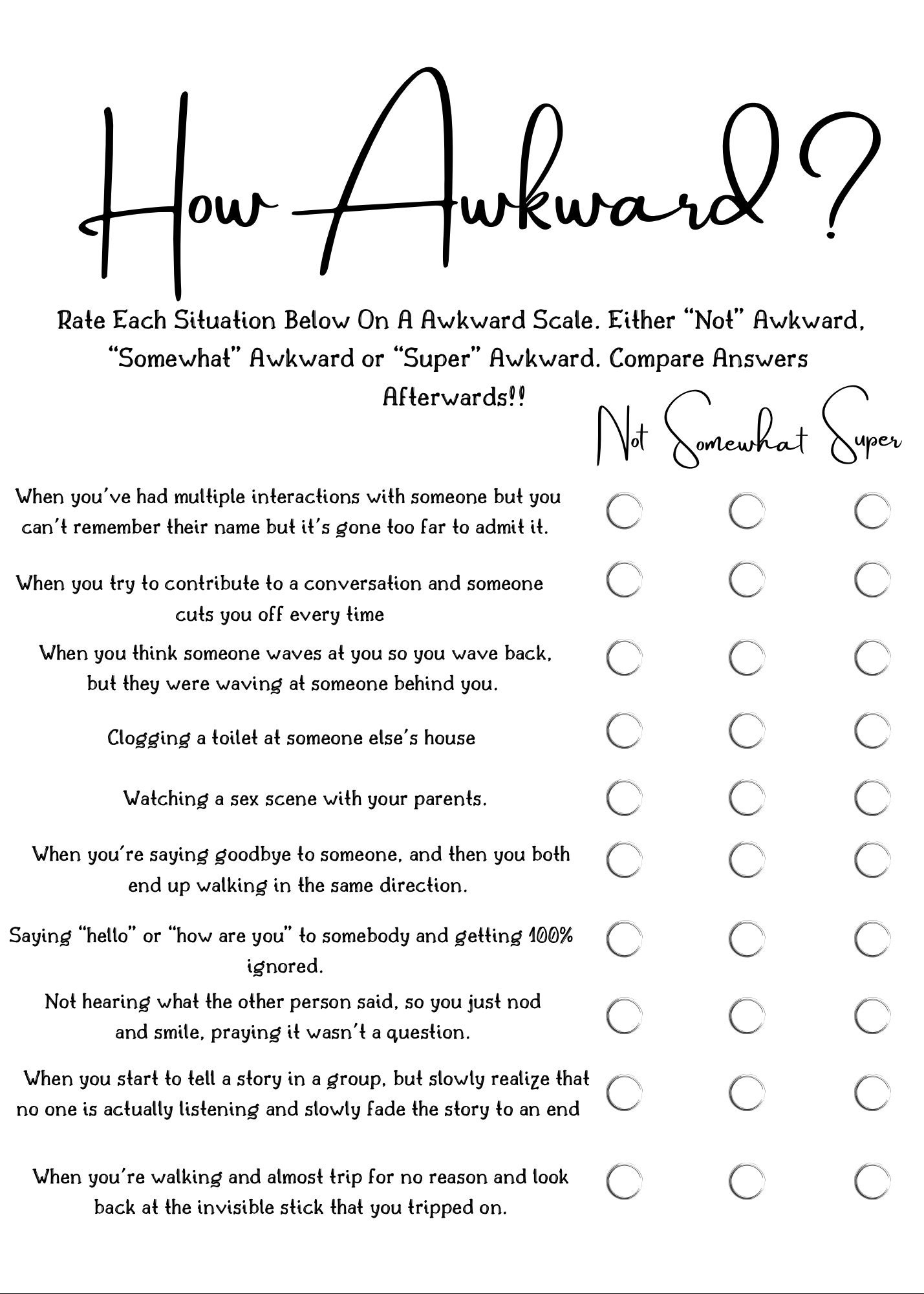 How Awkward? Icebreaker Game | Icebreaker Questions | Printable Dinner ...