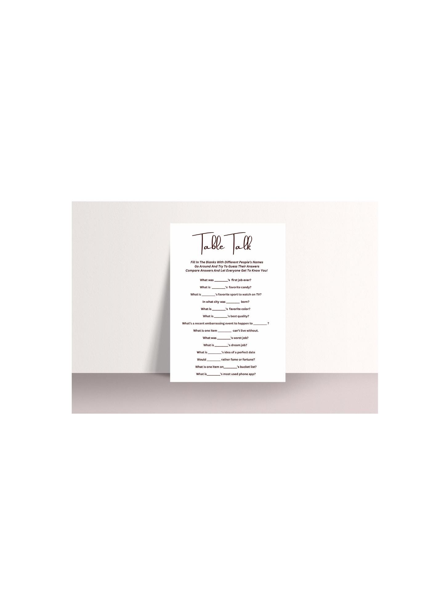Table Talk Icebreaker Game: Printable Conversation Starters (PDF) - Etsy