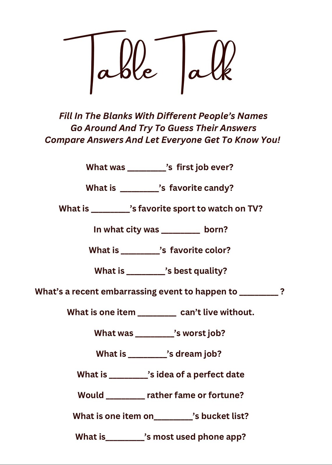 Table Talk Icebreaker Game, Icebreaker Printable Games, Icebreaker ...