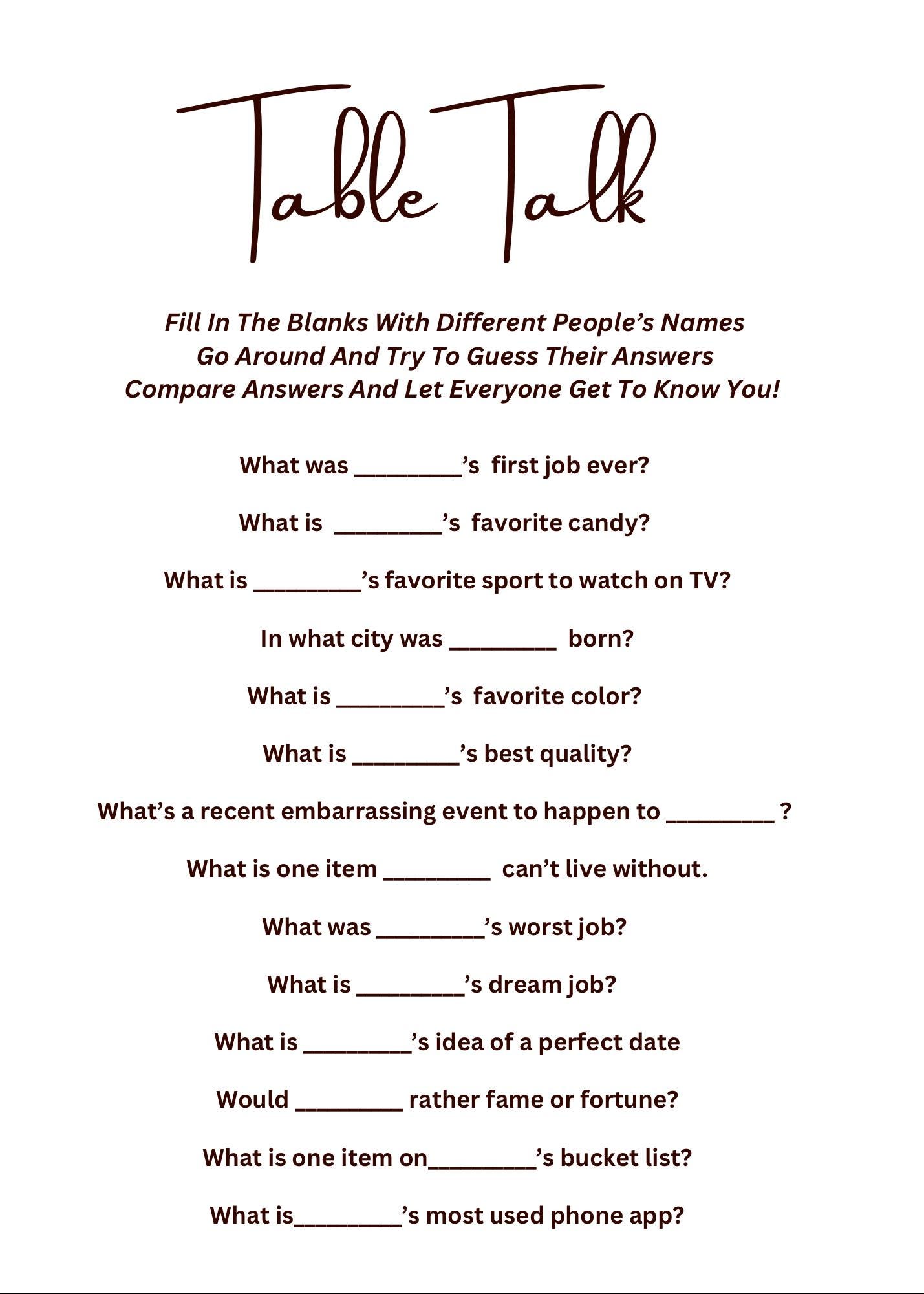 Table Talk Icebreaker Game, Icebreaker Printable Games, Icebreaker ...