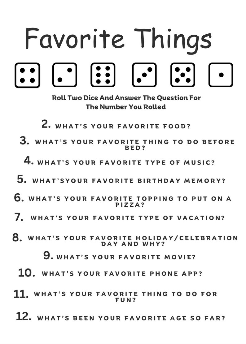Favorite Things Dicebreaker Game, Icebreaker Printable Games ...