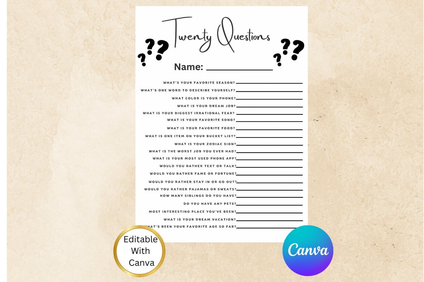 Twenty Questions Icebreaker Game | Icebreaker Printable Games ...