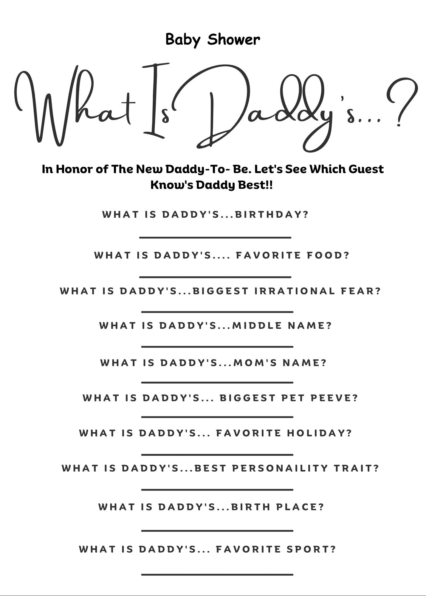 What is Daddy's Baby Shower Game Minimalist Baby Shower Game Trivia ...