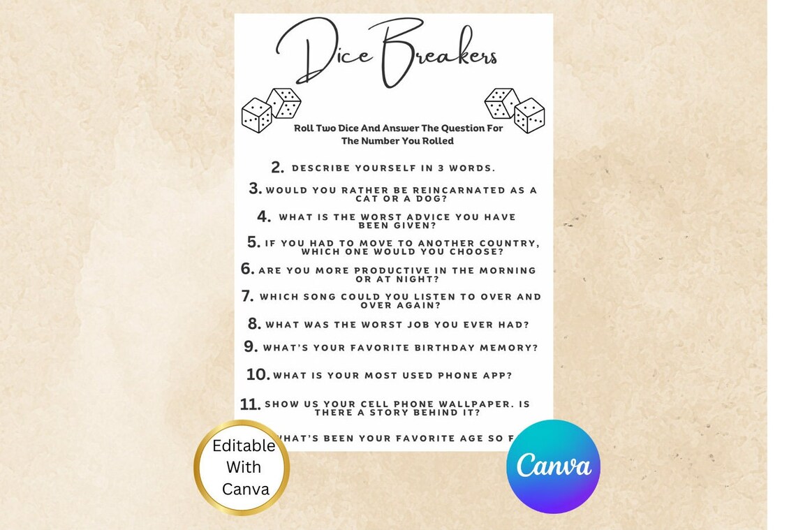 Dicebreakers Icebreaker Game: Printable Conversation Starters (instant ...