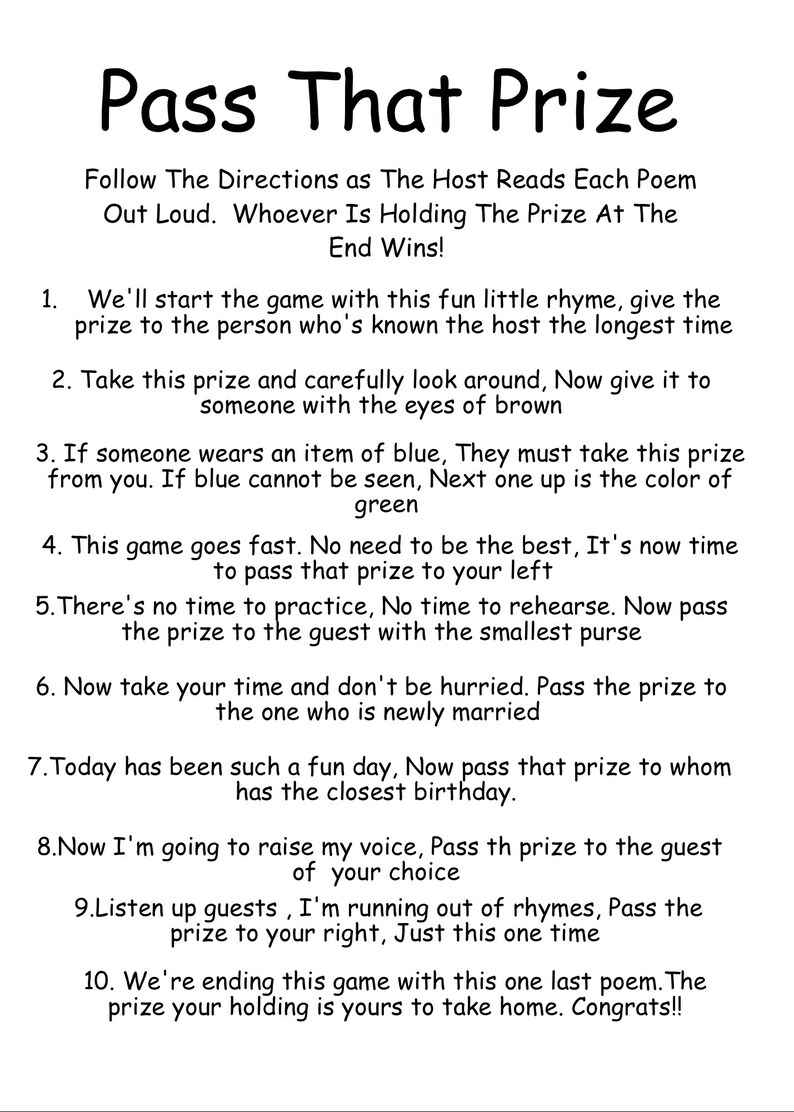 Pass That Prize Icebreaker Game: Dinner Party Printable (PDF) - Etsy