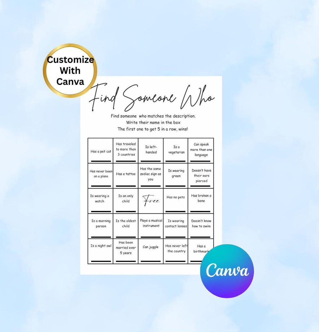 Find Someone Who Bingo Icebreaker: Printable Party Game (PDF) - Etsy