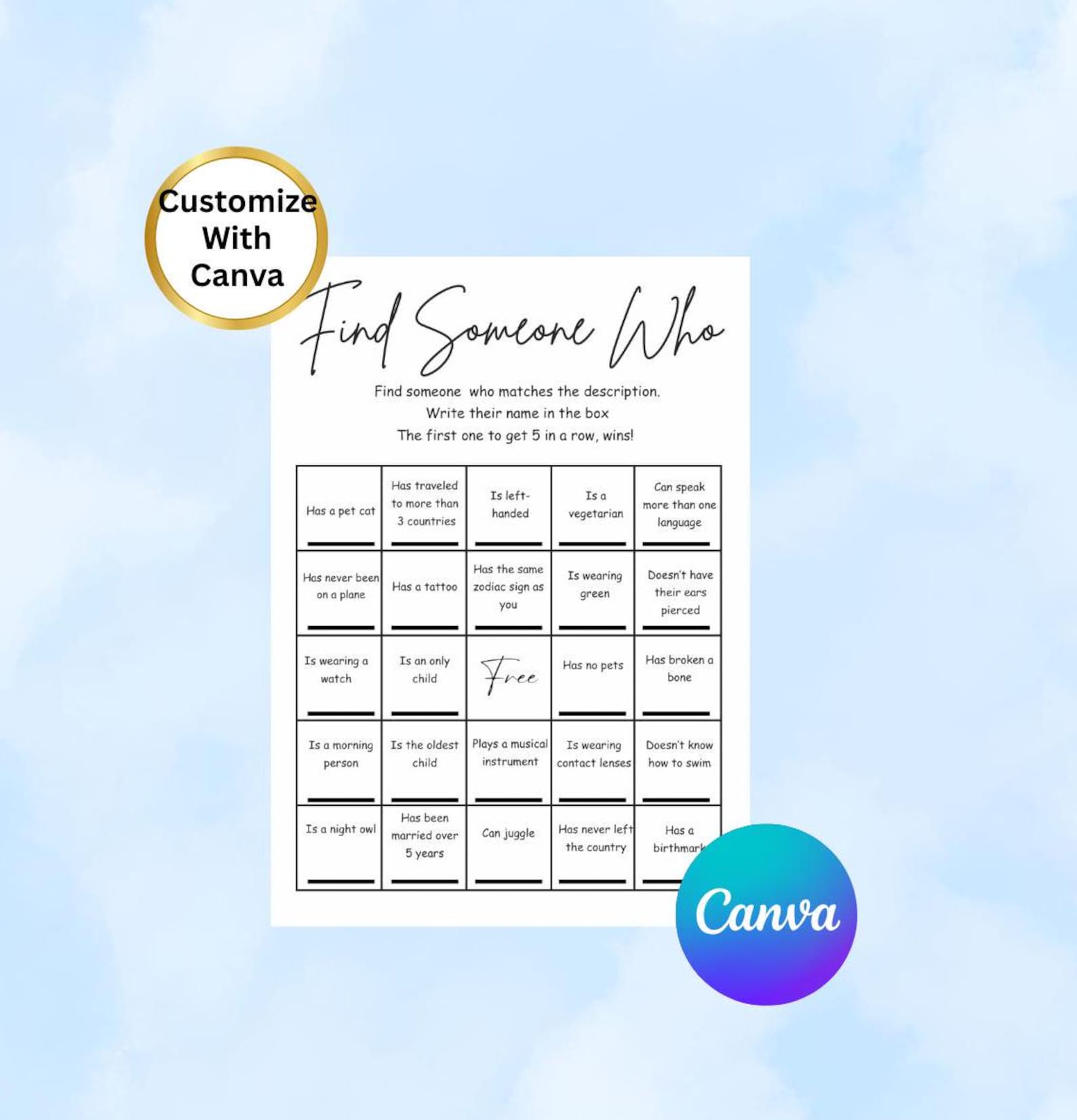 Find Someone Who Bingo Icebreaker: Printable Party Game (PDF) - Etsy