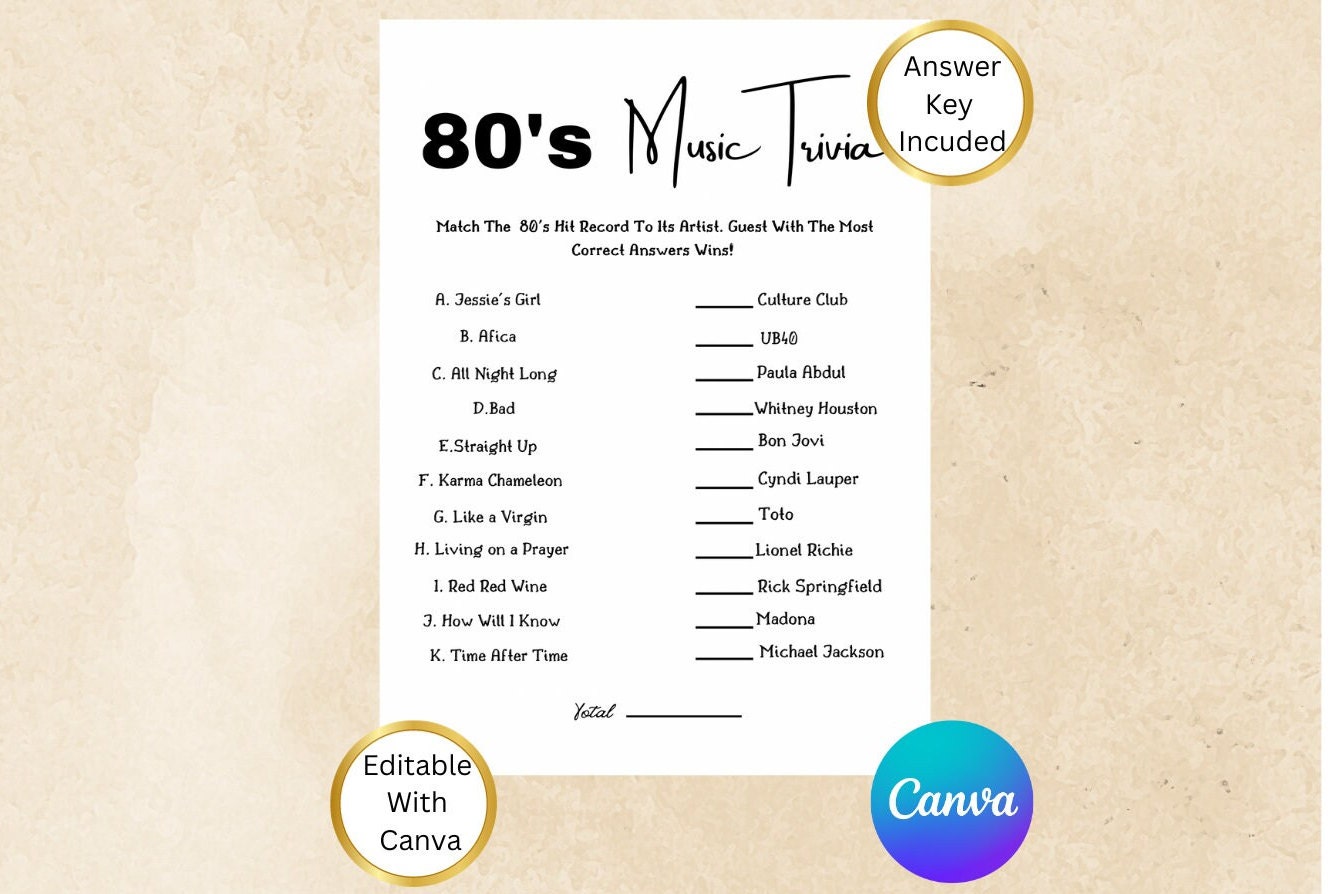 80s Music Trivia Icebreaker Game | 80s Activities | 1980's Party Games ...