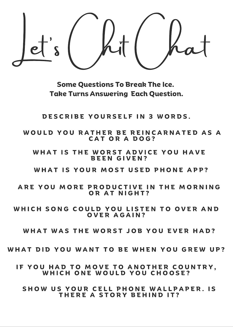 Let's Chit Chat Icebreaker Game: Printable Conversation Starters (PDF ...