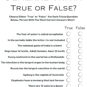 True or False Trivia Printable Icebreaker Game | Trivia Questions | Pub ...