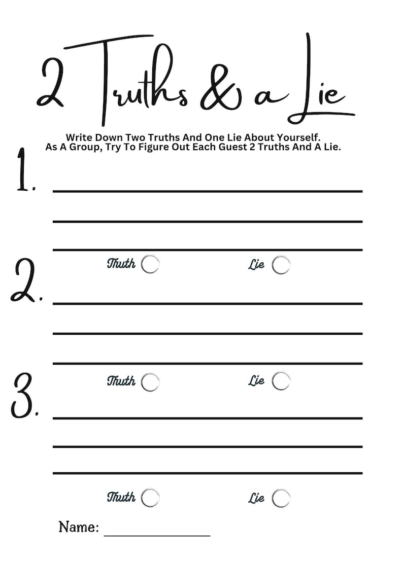 Two Truths and a Lie Icebreaker Game: Dinner Party Printable (PDF) - Etsy