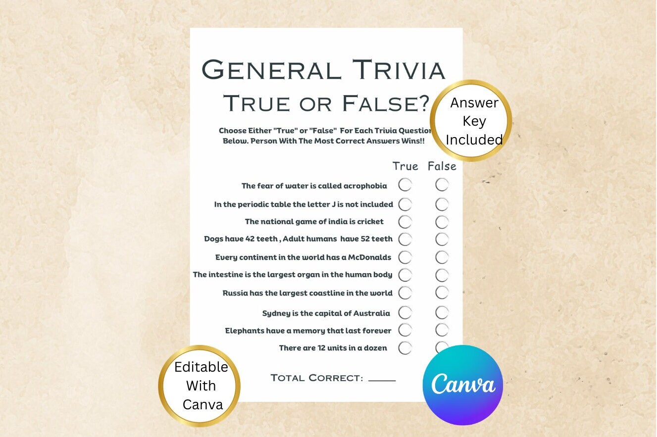 True or False Trivia Printable Icebreaker Game | Trivia Questions | Pub ...