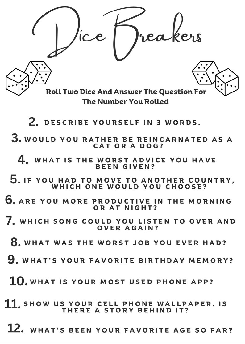 Dicebreakers Icebreaker Game: Printable Conversation Starters (instant ...