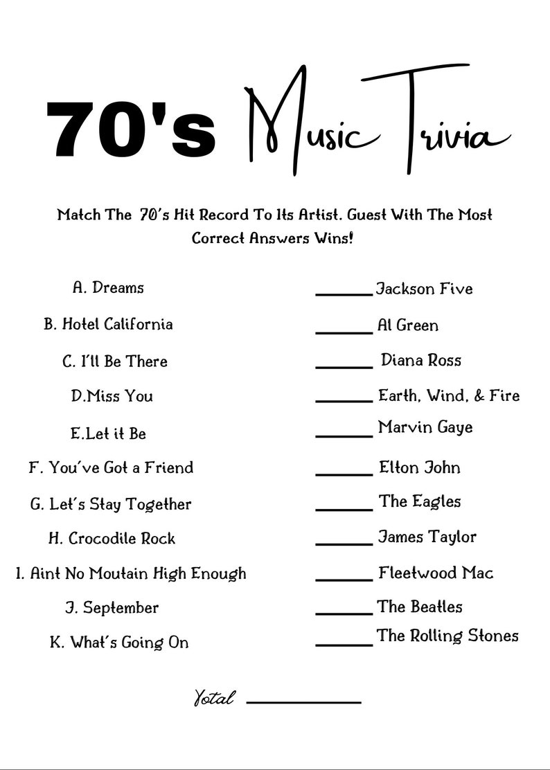 70s Music Trivia Icebreaker Game | 70s Activities | 1970's Party Games ...
