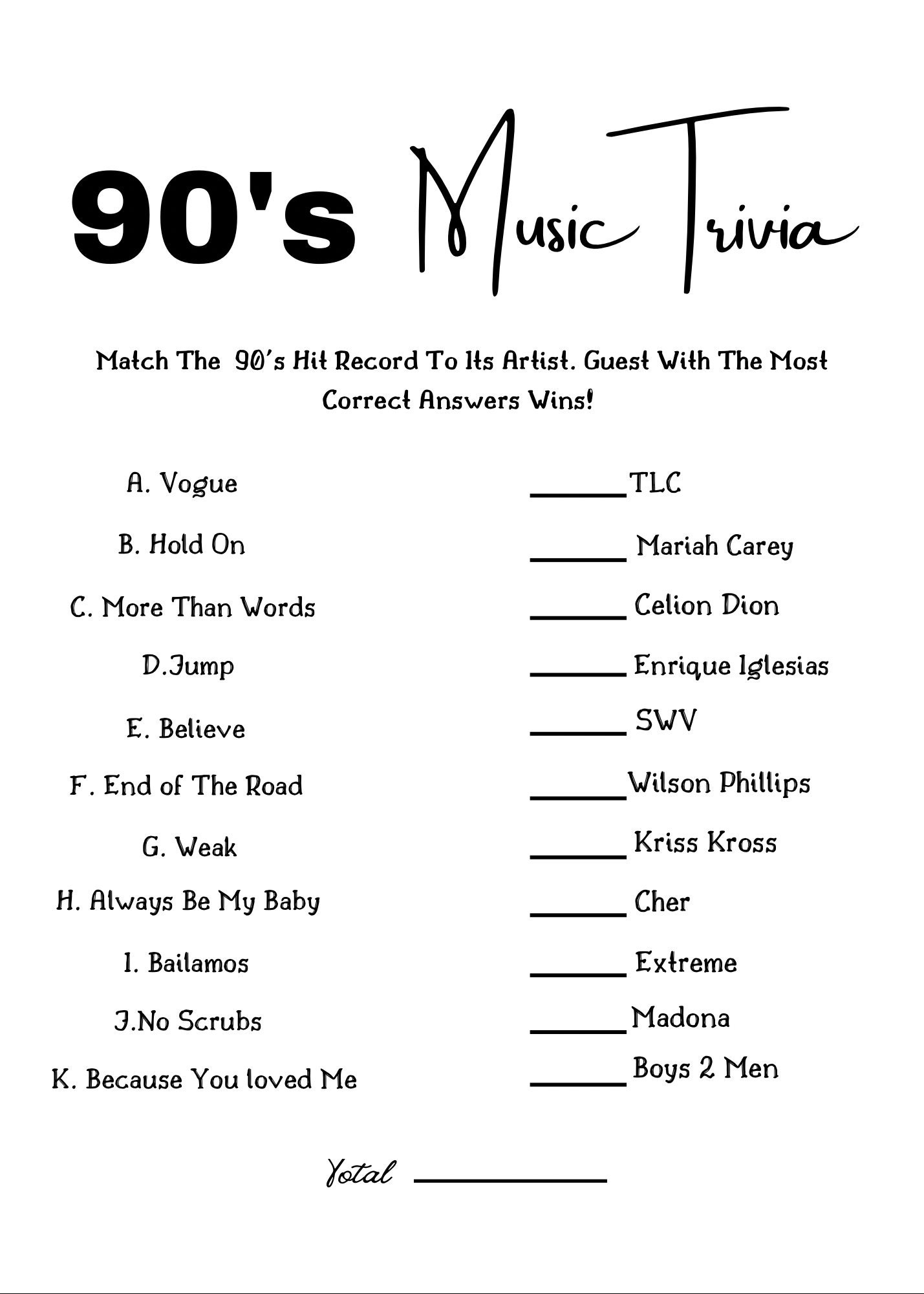 90s Music Trivia Icebreaker Game | 90s Activities | 1990's Party Games ...