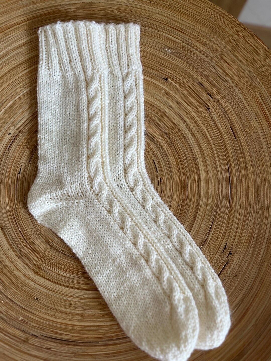 Hand-knitted Wool Socks With Cable Pattern, Size 38, Wool White ...