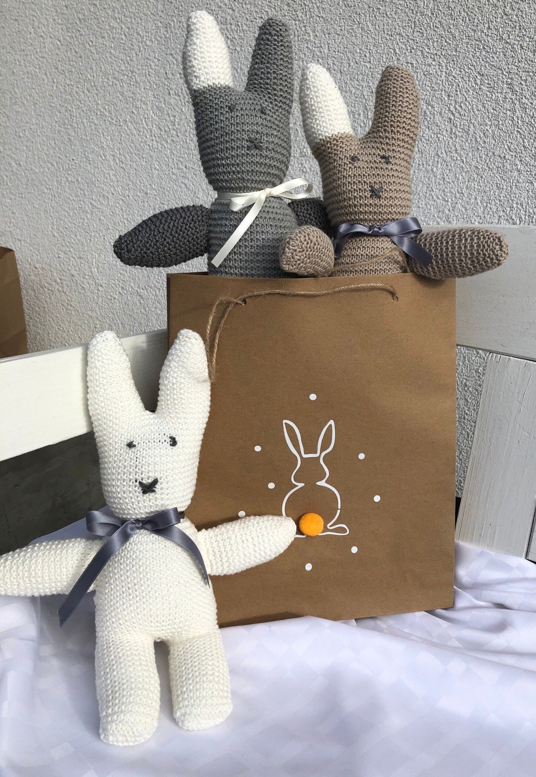 Hase MEO handgestrickt, BIO-Baumwolle, weich und kuschelig, Osterhase ...