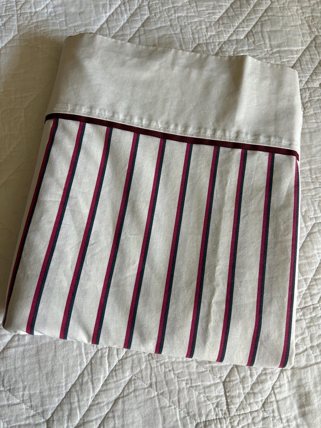 Ralph Lauren Full Flat Sheet - Red Black Stripes on Cream - Vintage ...