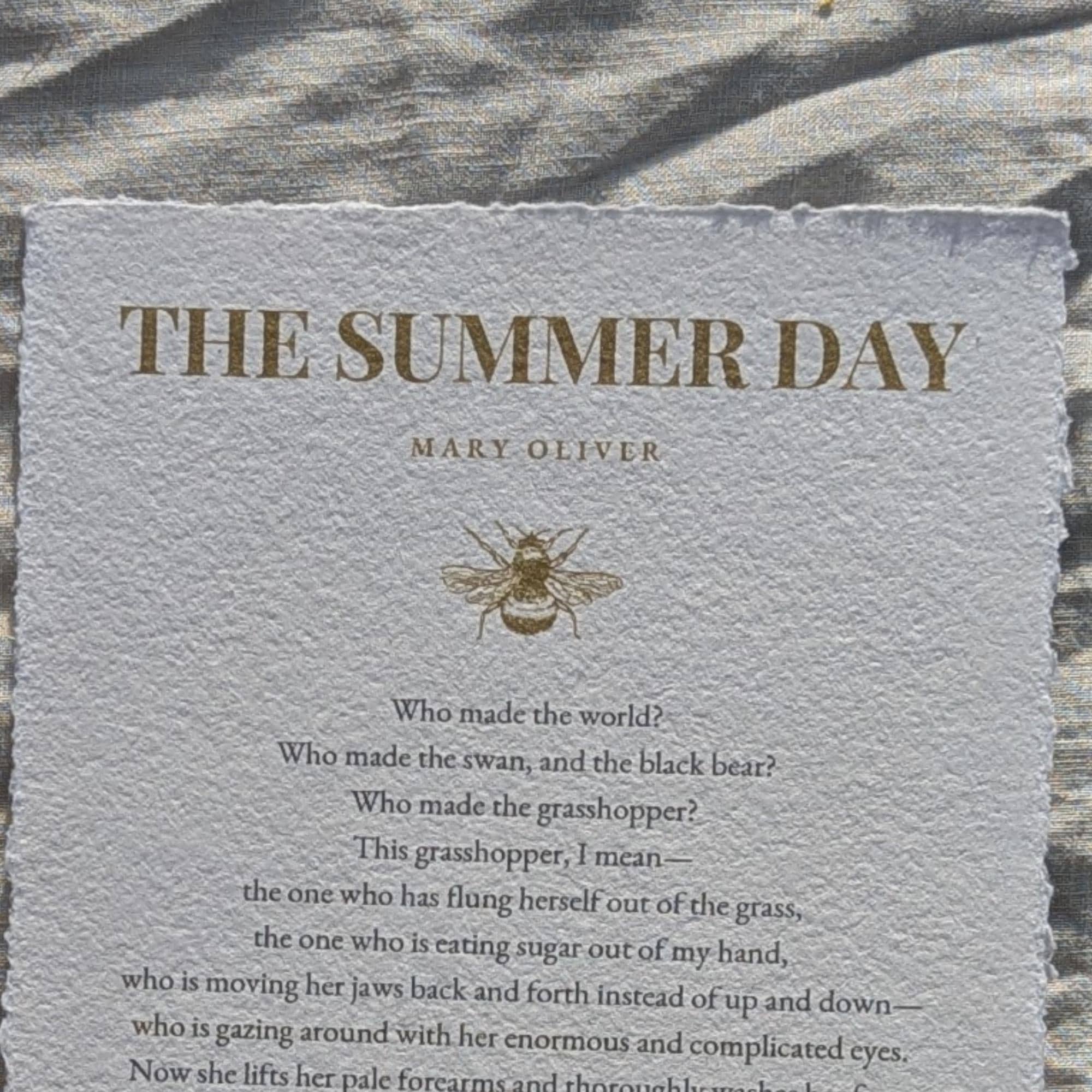 The Summer Day by Mary Oliver, Poem Print on Handmade Cotton Paper ...