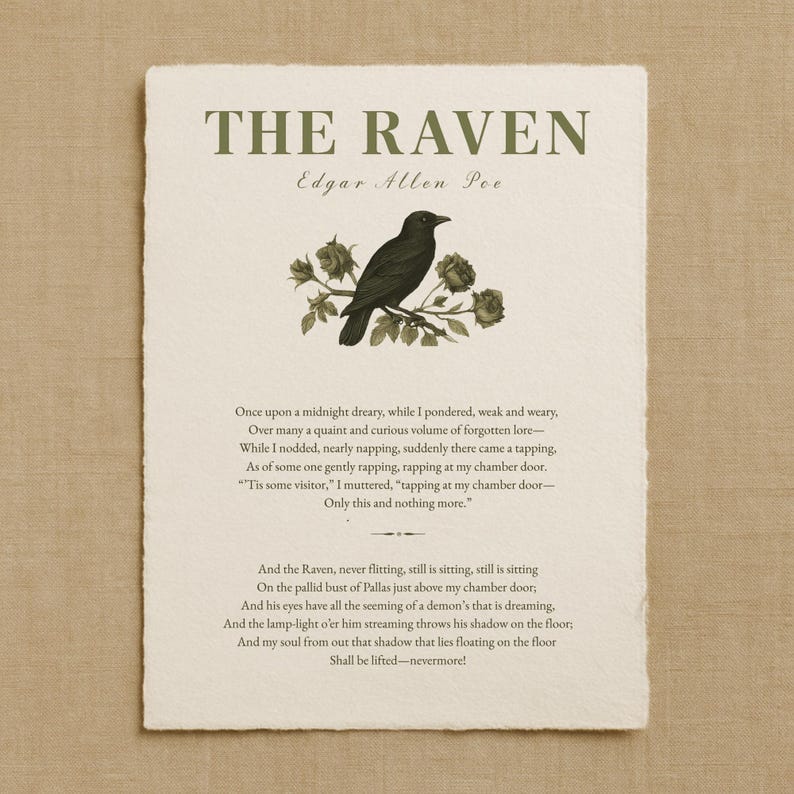 The Raven Poem Wall Art by Edgar Allan Poe, Fine Art Print on Handmade ...