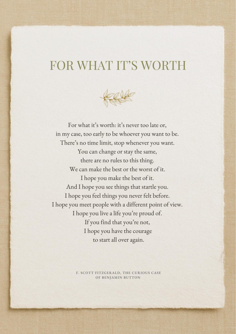 For What It’s Worth – F. Scott Fitzgerald Quote, Poetry Art Print on ...