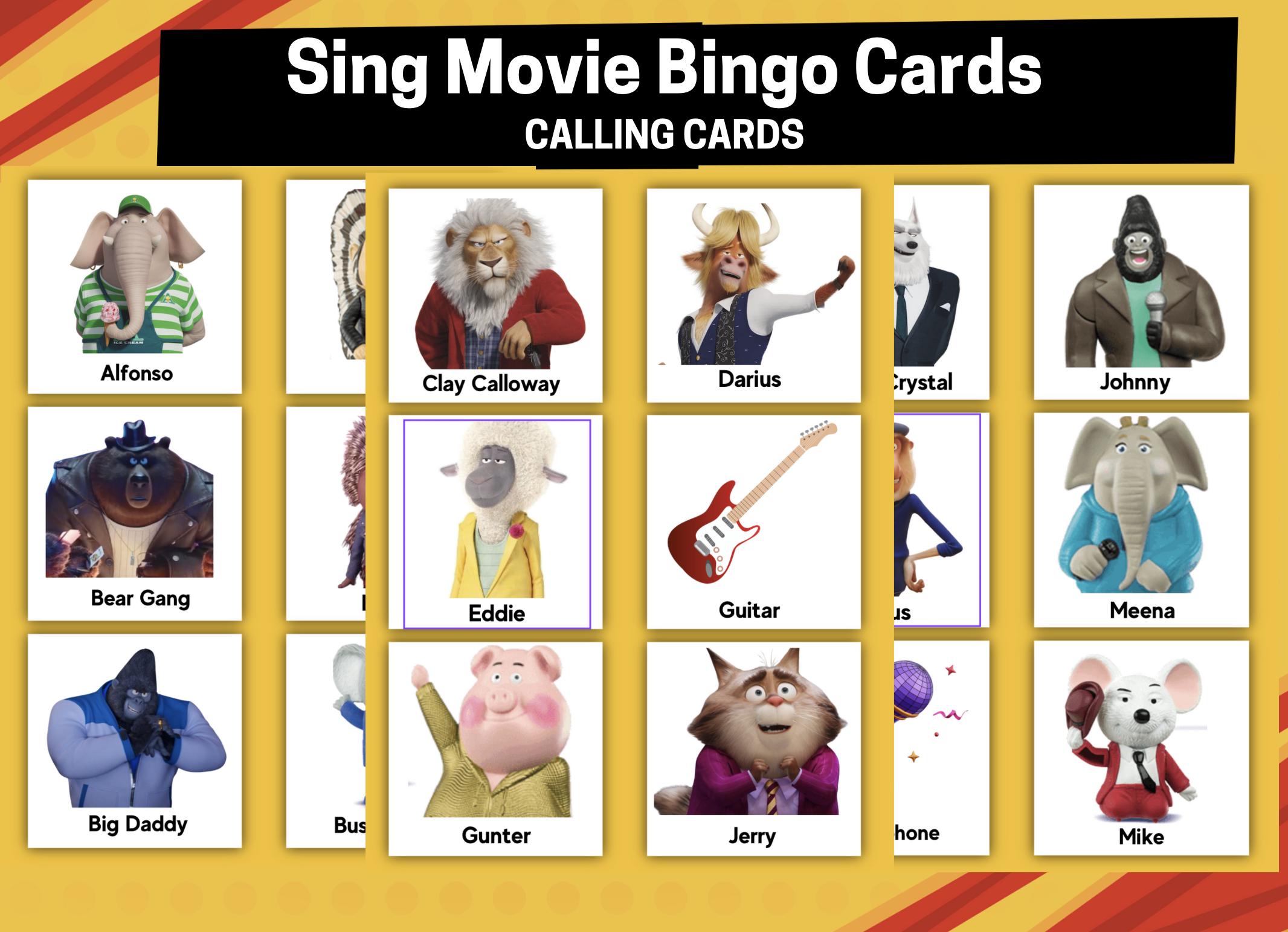 Character Bingo Cards Sing Movie Bingo Game Printable Kids Bingo ...