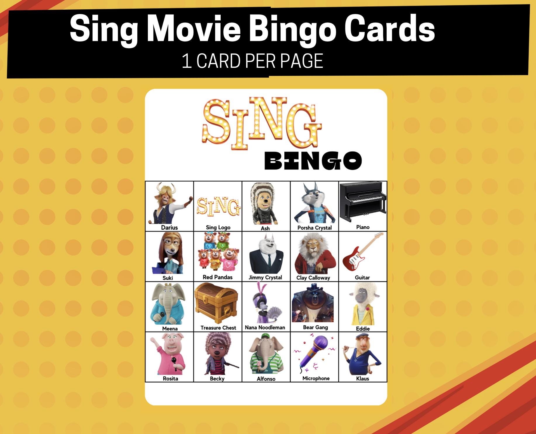 Character Bingo Cards Sing Movie Bingo Game Printable Kids Bingo ...
