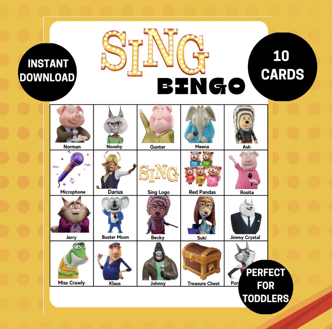Character Bingo Cards Sing Movie Bingo Game Printable Kids Bingo ...