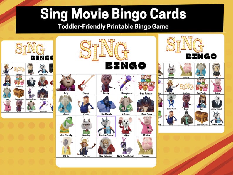 Character Bingo Cards Sing Movie Bingo Game Printable Kids Bingo ...