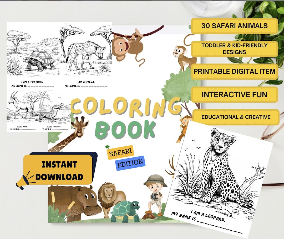 Coloring Book for Kids Safari Animals Printable Pages Digital Download ...