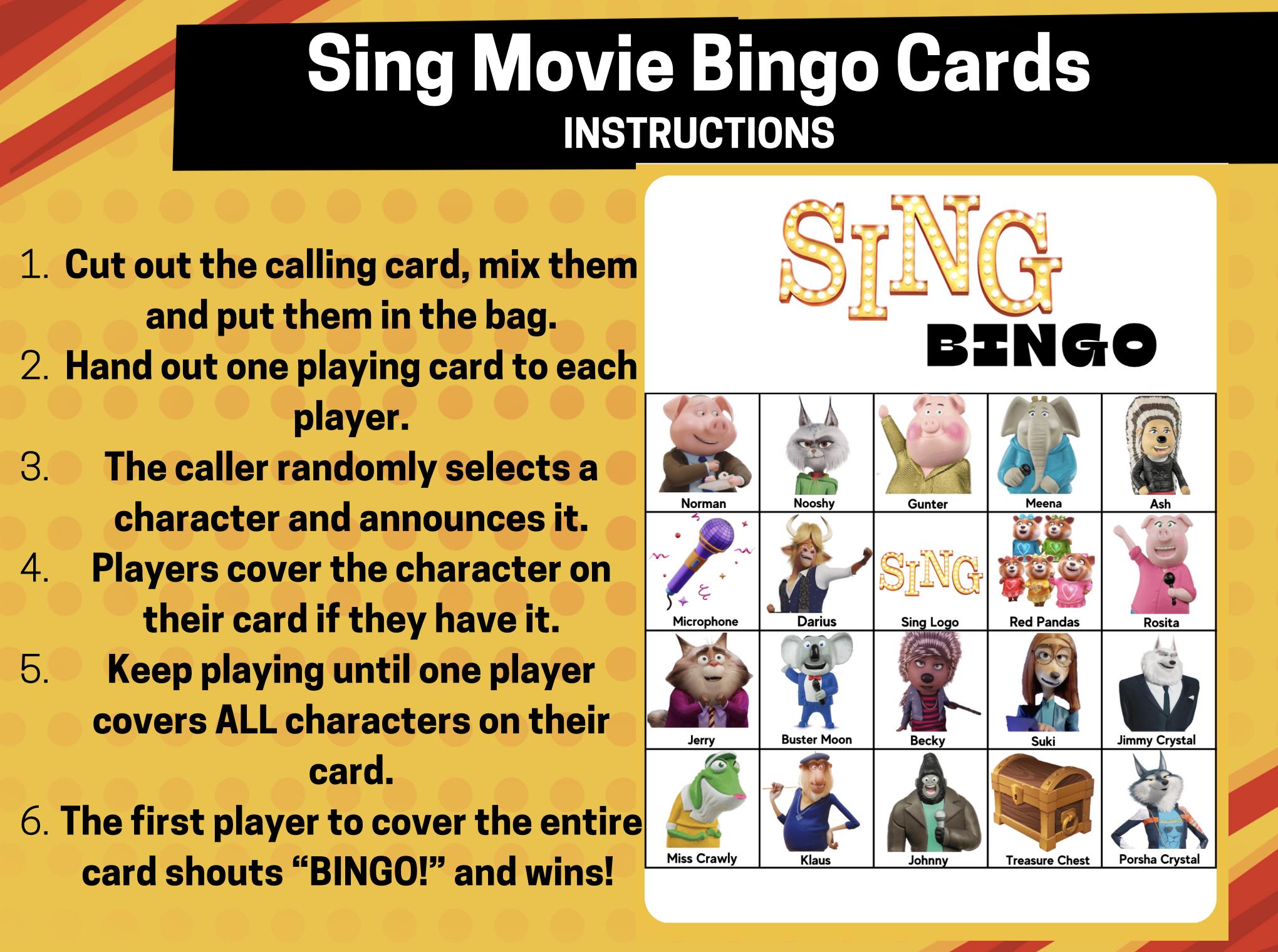 Character Bingo Cards Sing Movie Bingo Game Printable Kids Bingo ...