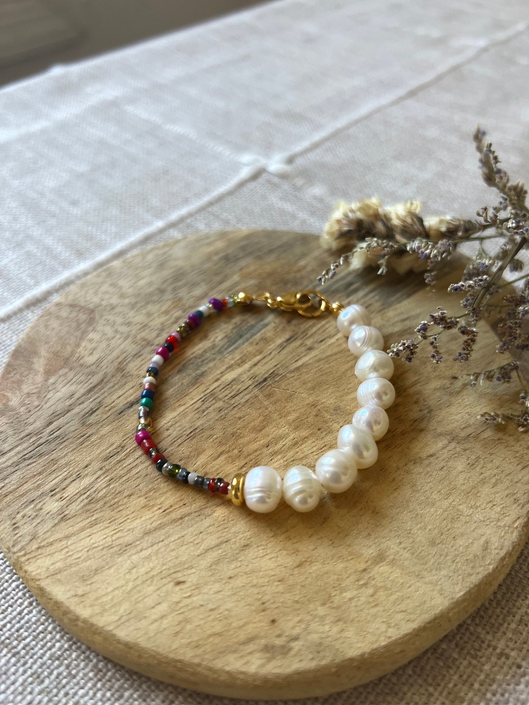 Pearls Beaded Bracelet | Freshwater Pearls and Rainbow Beads Beaded ...