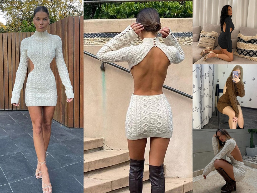 Handmade Winter Twist Backless Knitted Long Sleeve Women Autumn Knitwear Sexy Mini Dress Sexy