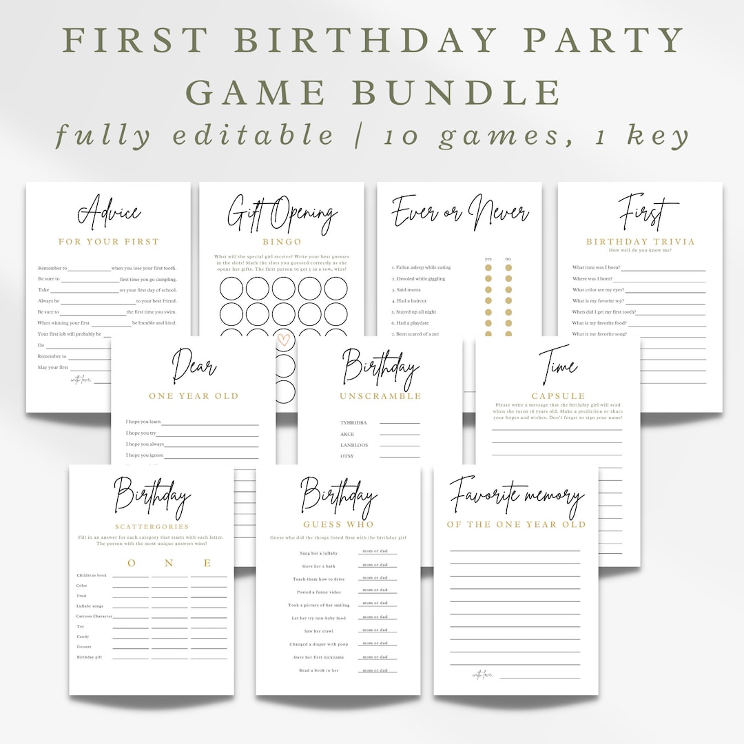 First Birthday Party Games Bundle: Editable Printable Activities (10 ...