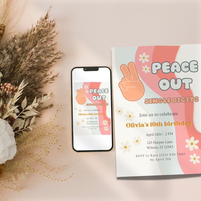 Peace Out Single Digits: 10th Birthday Invitation Retro Girl (printable ...