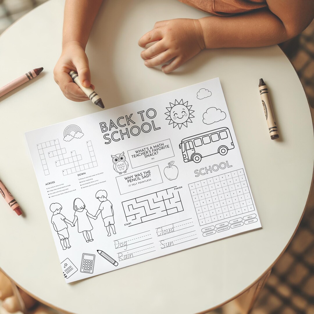 First Day of School Activity Placemat: Printable Coloring Page (PDF ...
