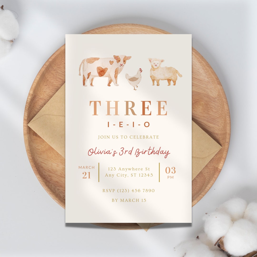 Three I E I O Birthday Party Invite Kids Editable Invitation Three-i-e ...