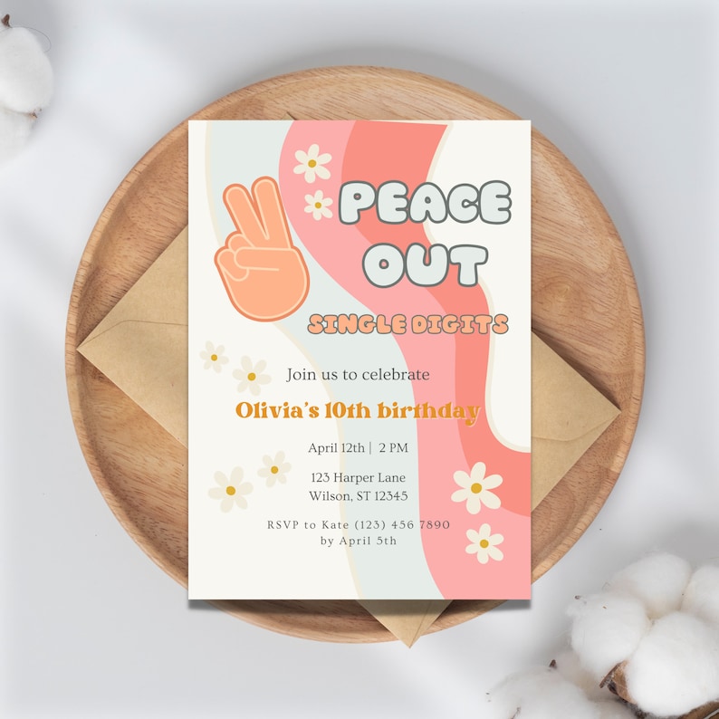 Peace Out Single Digits: 10th Birthday Invitation Retro Girl (printable ...