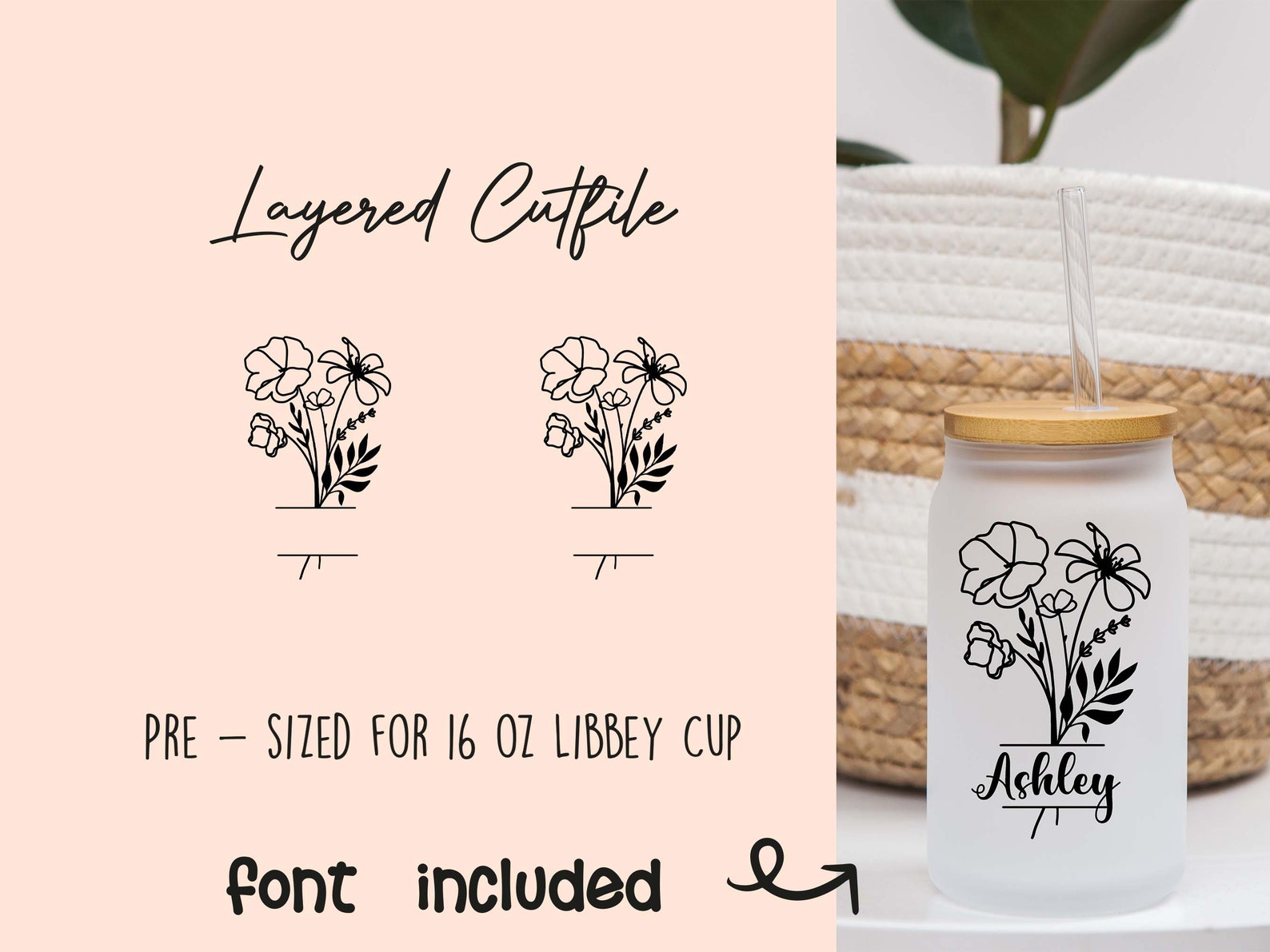 Wildflower Libbey Glass Wrap SVG: Custom Name Beer Cup Cut File ...