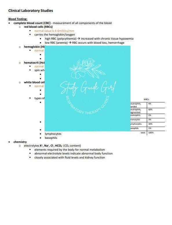 Study Guide - Lab Studies (cbc/chem) - PDF Download - Etsy