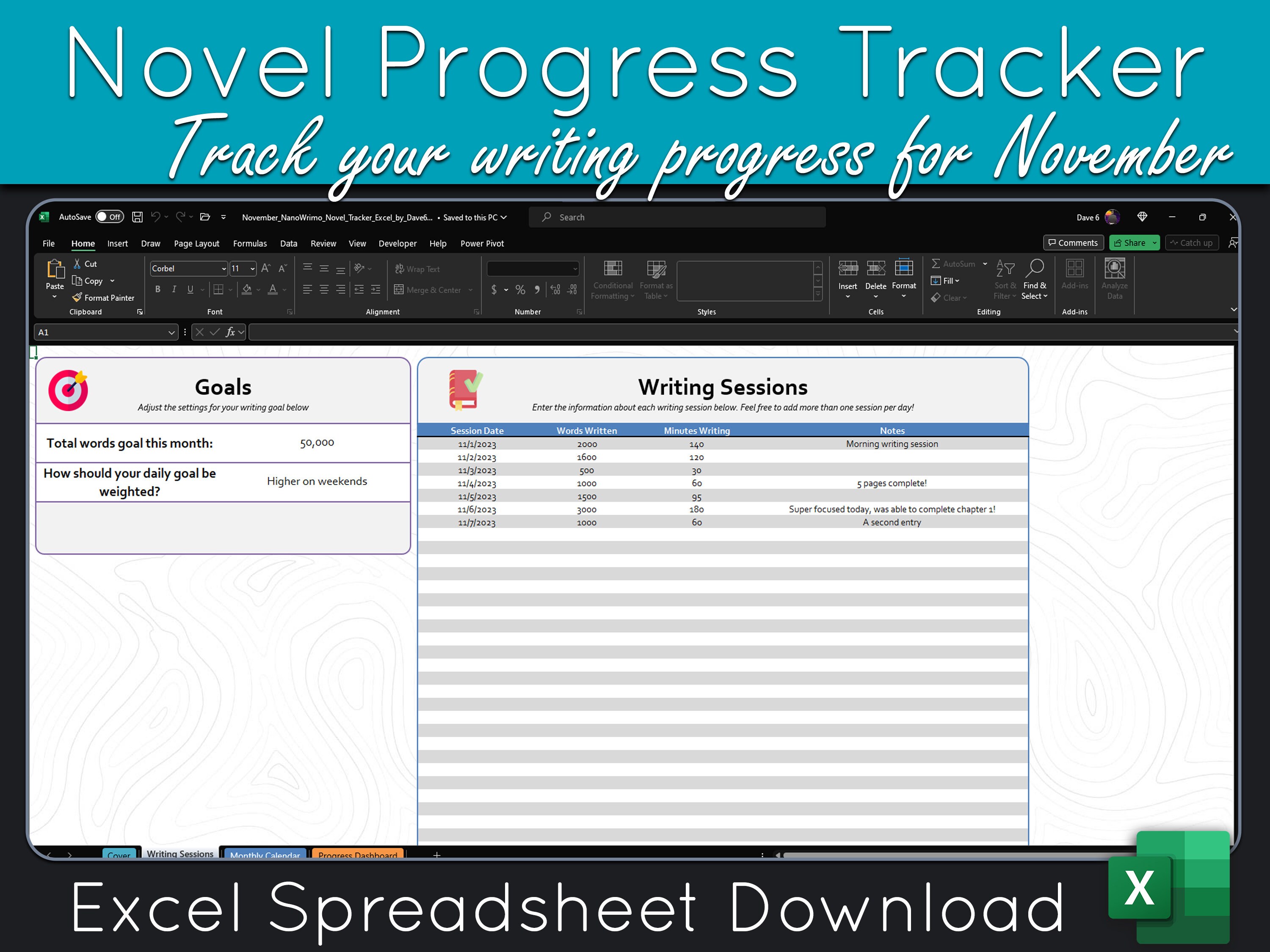 Writing Progress Tracker, November 2023 Nanowrimo Writing Progress ...