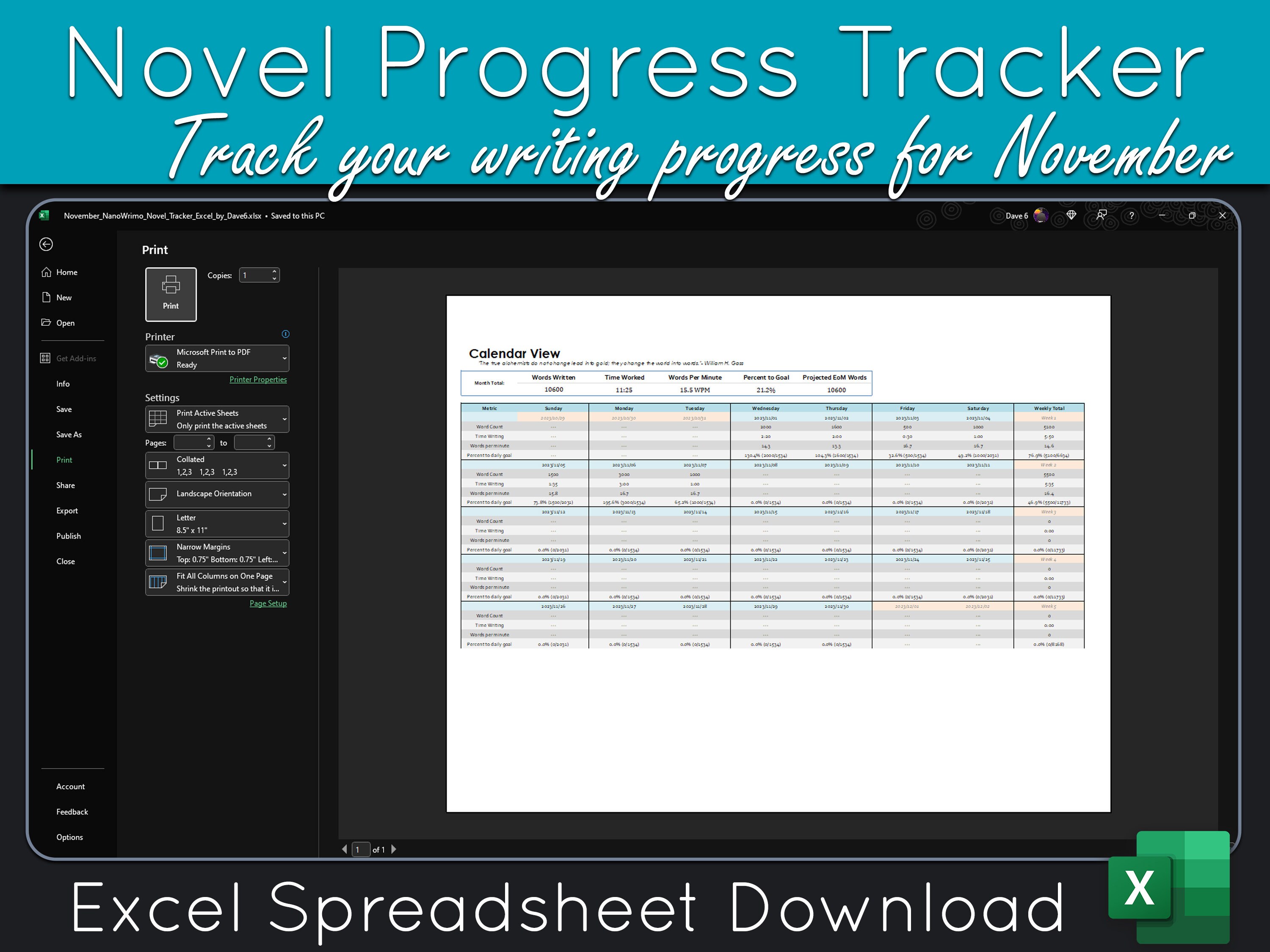 Writing Progress Tracker, November 2023 | Nanowrimo Writing Progress ...