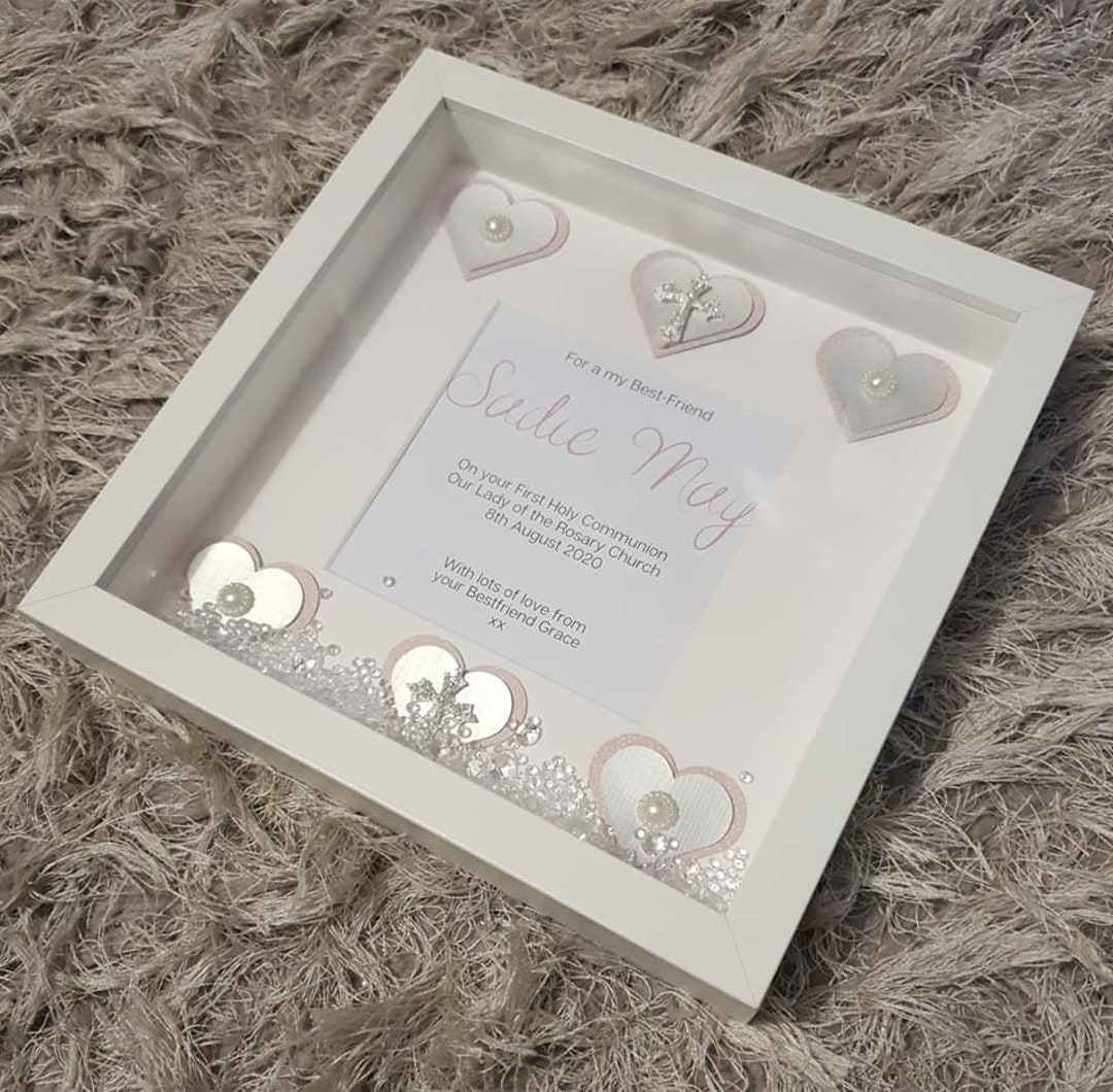Personalised First Holy Communion Box Frame With Hearts and Silver ...
