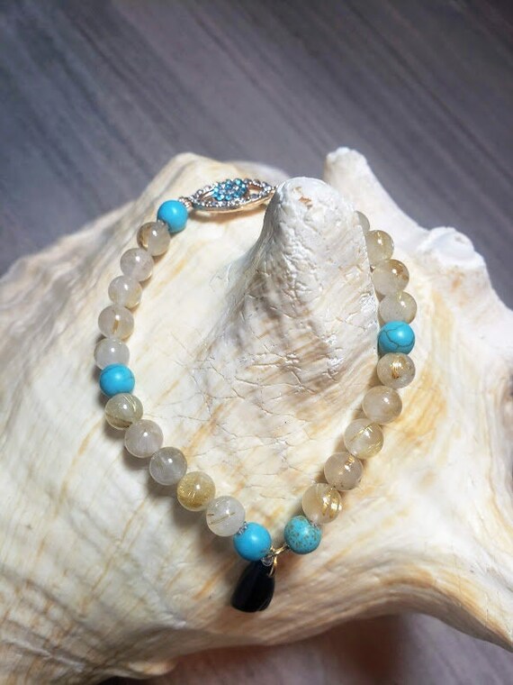 Evil Eye/ Azabache Rutilated Quartz Turquoise Bracelet - Etsy