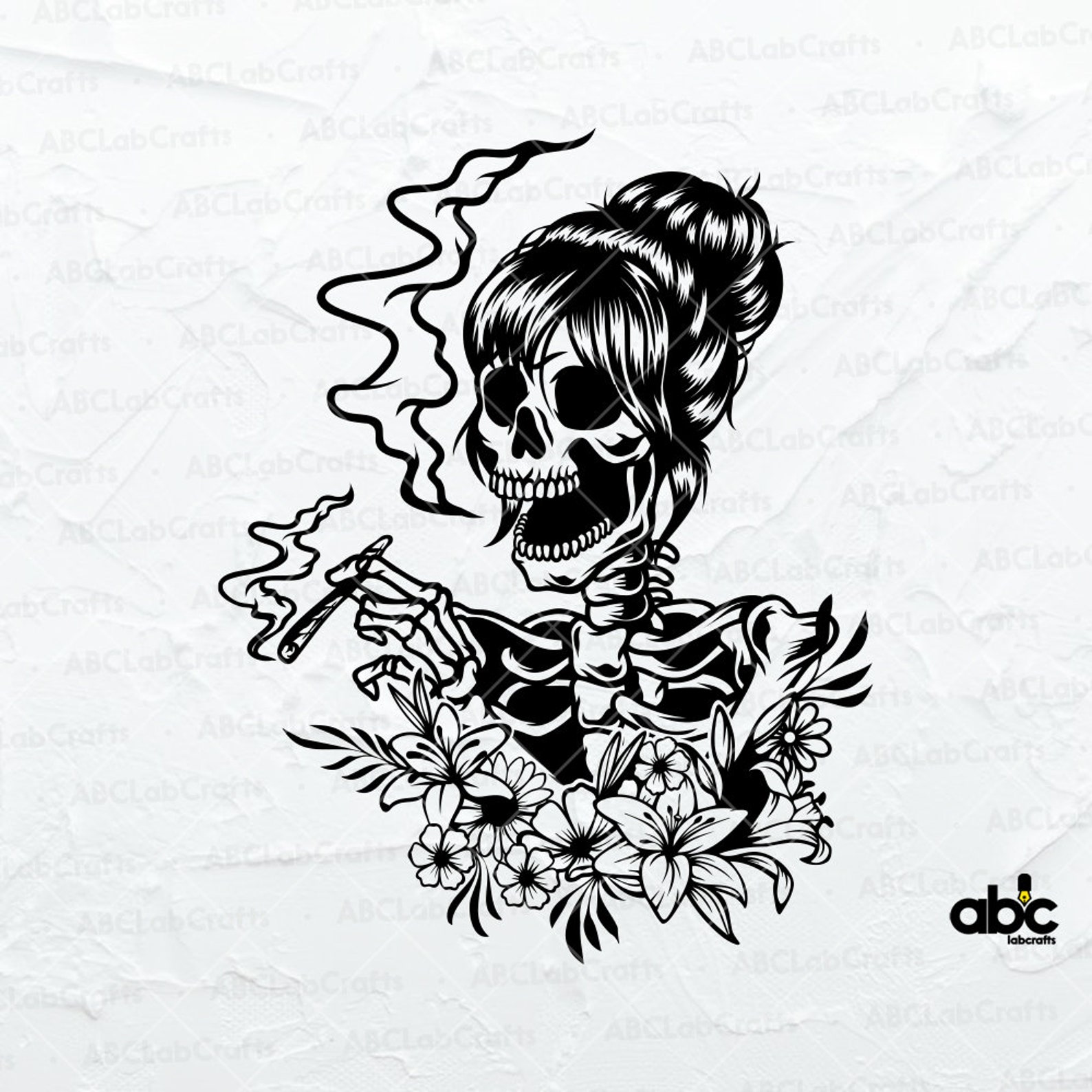 Messy Bun Skull Smoking Cigar Svg File Floral Skeleton Woman - Etsy