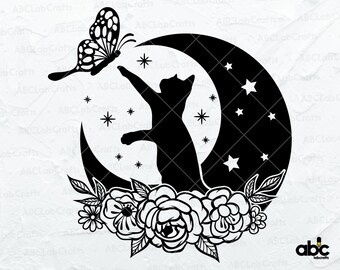 Celestial Cat Moon Florals Svg, Mystical Cat Svg, Celestial Svg, Magic ...
