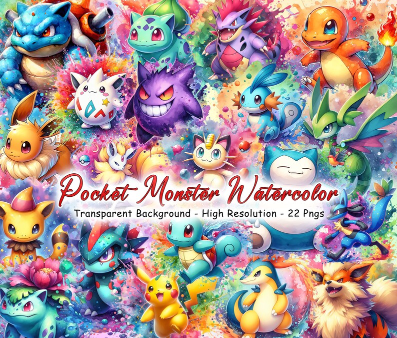 22 Watercolor Poke Monster Png Bundle, Cartoon Png Designs, Cartoon ...