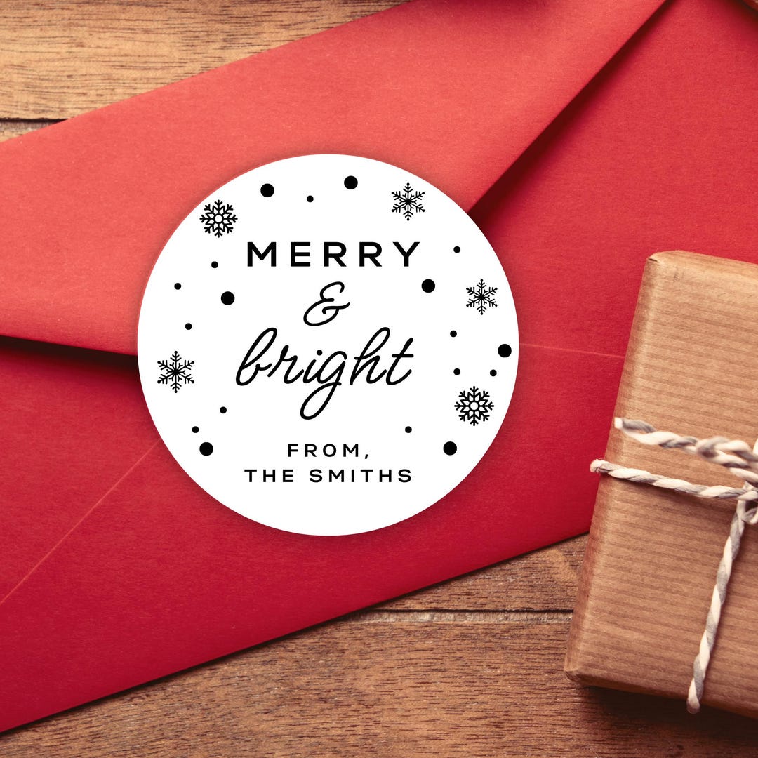 Merry and Bright Stickers | Circle Thermal Labels | Christmas Gift ...