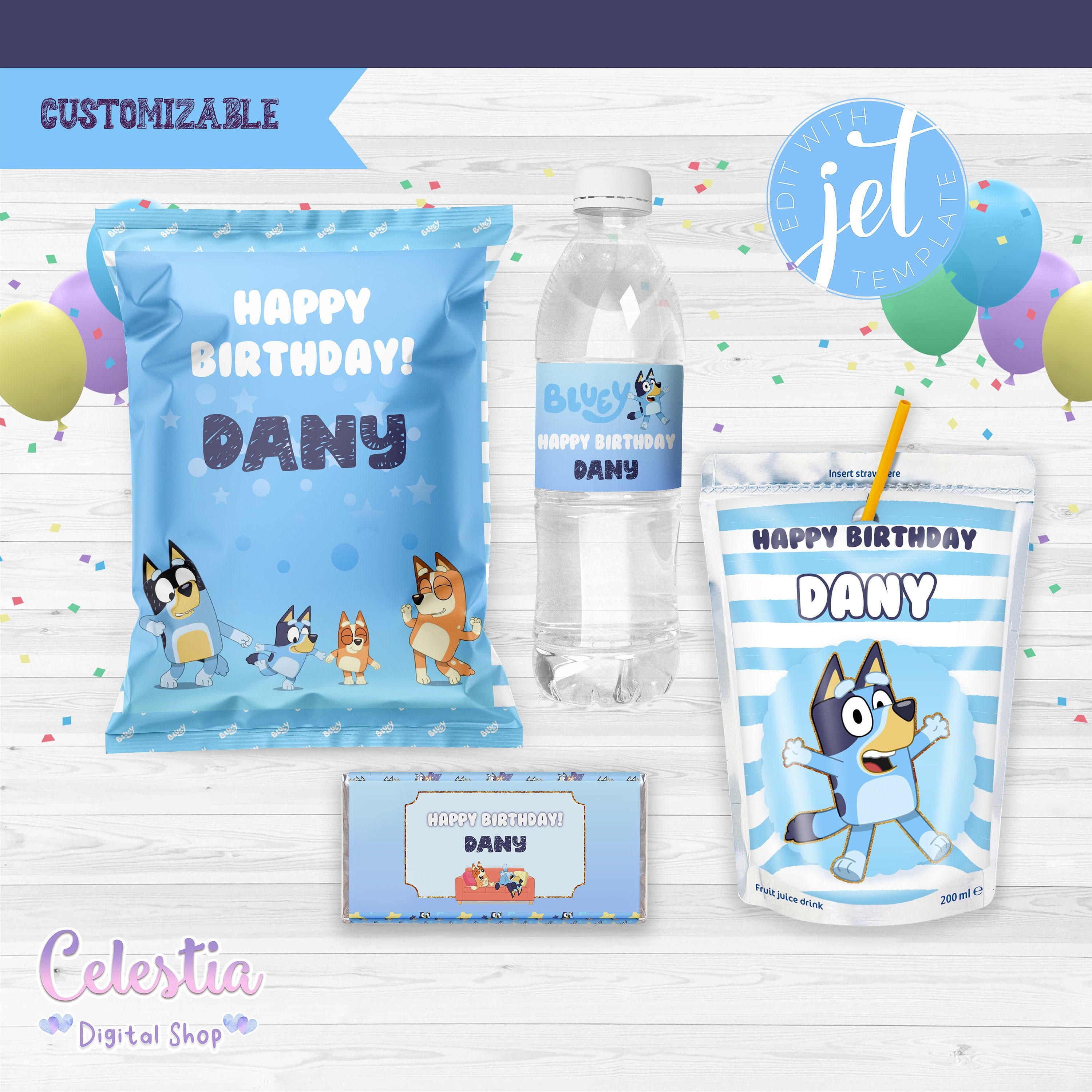 Bluey Birthday set: chipbag bottle label chocolate wrapper | Etsy