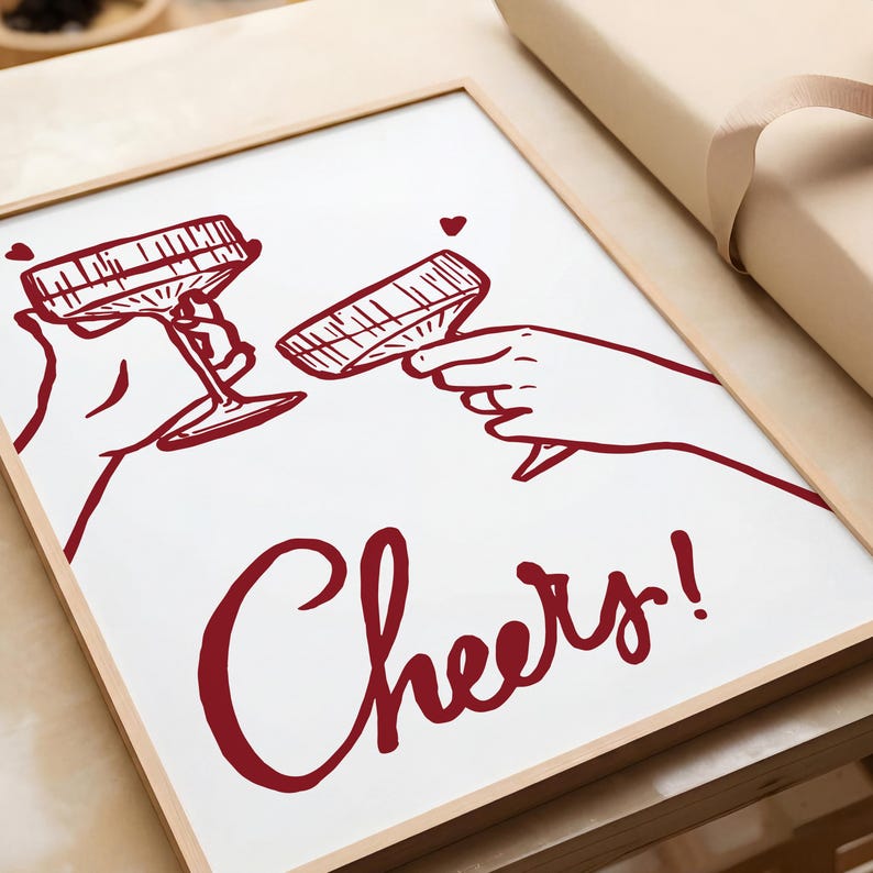 Cheers Cocktail Print, Retro Martini Glass Illustration, Modern Bar Art ...